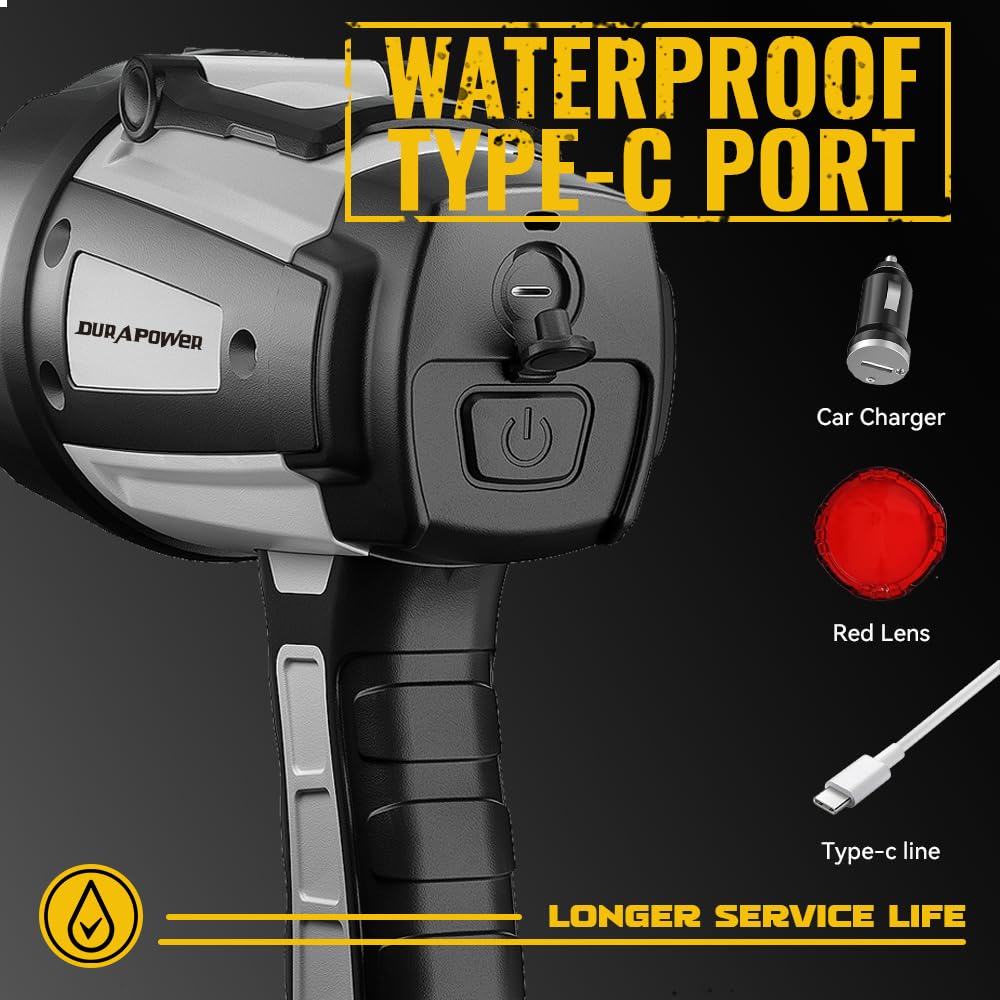 Durapower Rechargeable Spotlight, 200000 Lumen LED Handheld Spotlight, IP68 Waterproof Spotlight Flashlight Portable Marine Boat