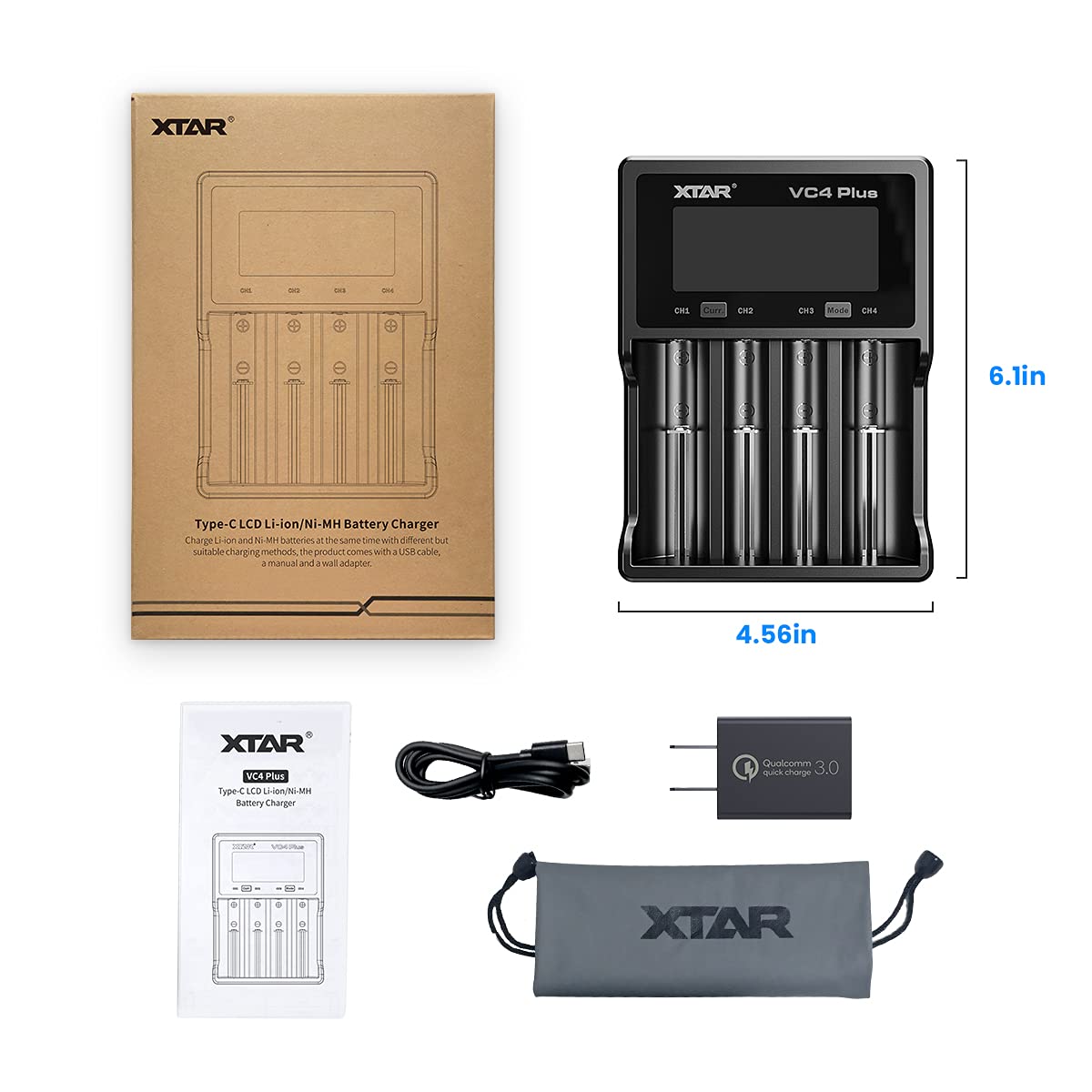 XTAR VC4 Plus Battery 3A Fast Charger, 4 Bay Rechargeable Battery Charger Extend Version for 3.6V 3.7V 18650/20700/21700 Li-ion IMR INR ICR for 1.2V AAA SC Ni-MH Ni-CD with QC3.0 Adapter