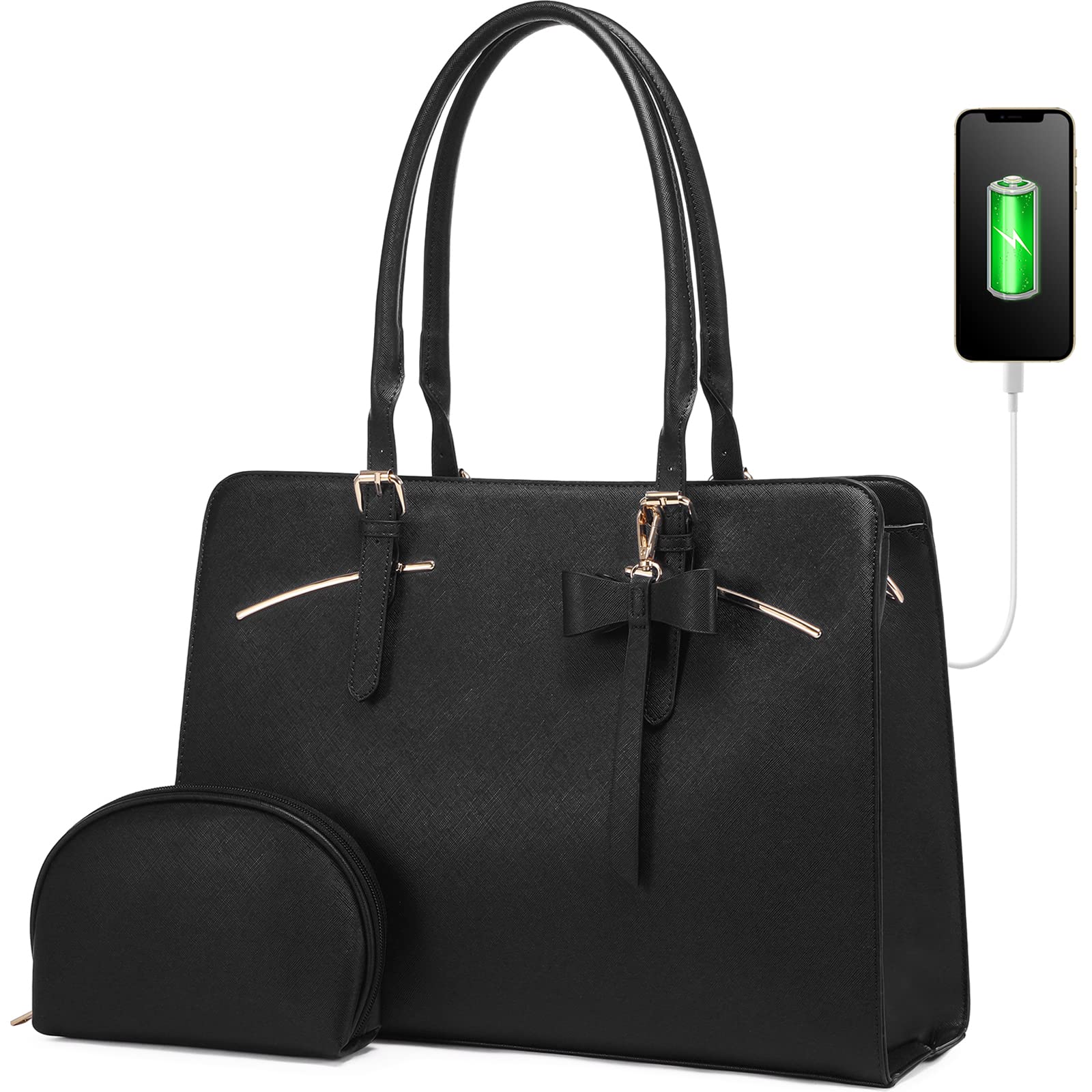 LOVEVOOK Laptop Bag for Women Work, Large Leather Laptop Tote Bag, 15.6 Inch Briefcase Purse Computer Bag with USB Charging Port, Business Office Handbag Shoulder Bag 2pcs Set, Black