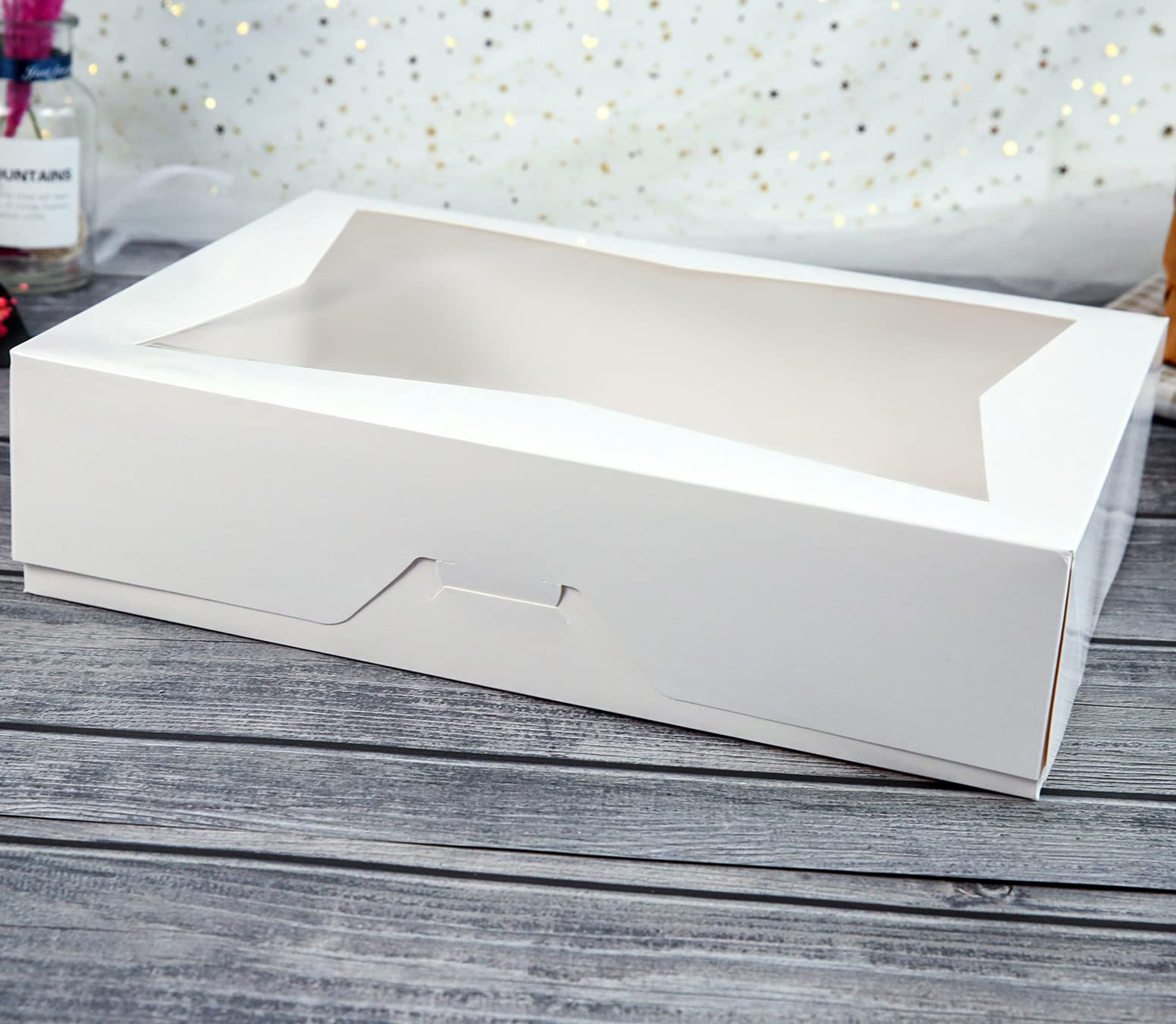SOROO 15-PACK White Pastry Bakery Box 16x11x2.75inch,Large Donuts,Muffins,Cookies Boxes with PVC Window Auto-Pop up Paper Box Nature Cardboard Take Out Container,Hold 12 Donuts,Pack of 15