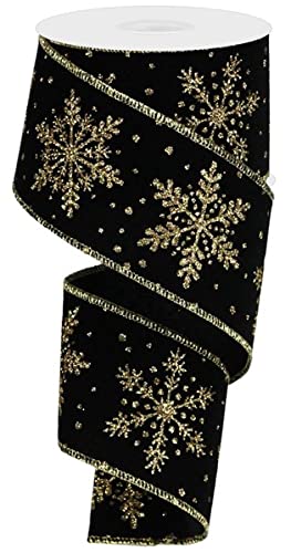 Snowflake Glitter Christmas Velvet Wired Edge Ribbon, Black Gold - 2.5" x 30 Feet (10 Yards)