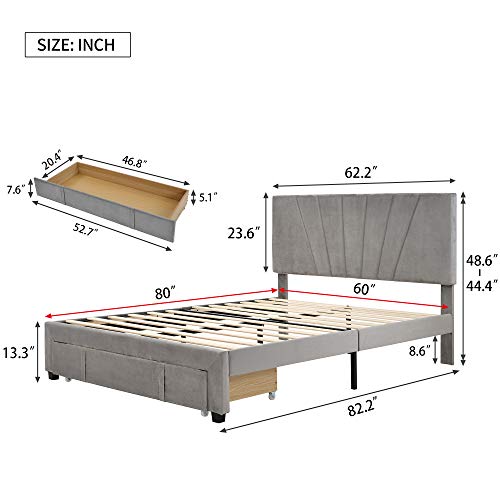 Rhomtree Queen Size Bed Frame with 1 Big Storage Drawer, Velvet Upholstered Storage Bed Frame, Easy Assembly, Queen Size Frame (Gray)