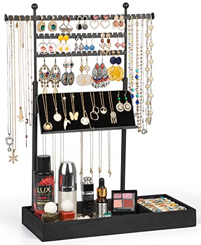 SOLIMINTR Jewelry Organizer, Jewelry Stand with Necklace Display Holder 3 Tier Earring Organizer Rustic Wood Base Tray with Ring Stand Jewelry Storage Tower for Women Girls Gift