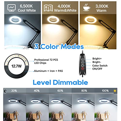 10X Magnifying Glass Lamp, Adjustable Swing Arm 72 LEDs Real Glass Lens Magnifier Light,3 Color Modes 10 Stepless Dimmable,Perfect for Daily Reading,Hobbies, Crafts, Workbench (Black)