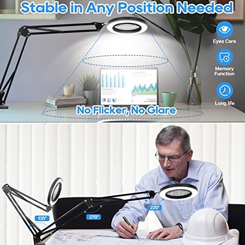 10X Magnifying Glass Lamp, Adjustable Swing Arm 72 LEDs Real Glass Lens Magnifier Light,3 Color Modes 10 Stepless Dimmable,Perfect for Daily Reading,Hobbies, Crafts, Workbench (Black)