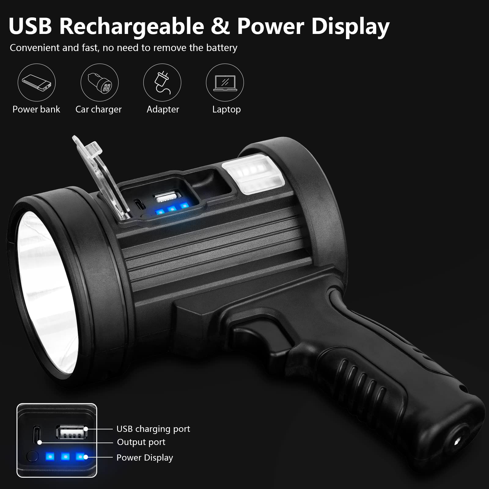 MIXILIN Rechargeable Spotlight, 1000,000 Lumens Handheld Hunting Flashlight Led Spot Light with Cob Light and Solar Panels, Lightweight and Super Bright Spotlight for Hunting Boating Camping