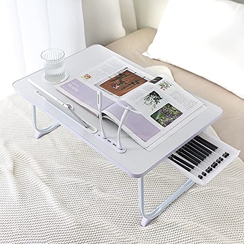Rectangular Desktop Laptop Bed Desk,Bed Tray Table with 4 USB Port, Computer Laptop Stand for Port/Cup Holder/Storage Drawer,for Bed /Couch /Sofa Working, Reading (White)