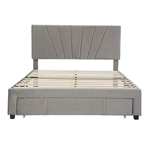 Rhomtree Queen Size Bed Frame with 1 Big Storage Drawer, Velvet Upholstered Storage Bed Frame, Easy Assembly, Queen Size Frame (Gray)