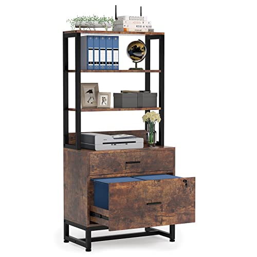 Tribesigns 2 Drawer Lateral File Cabinet with Lock, Letter Size Large Modern Filing Cabinet Printer Stand with Open Storage Shelves for Home Office, Dark Brown