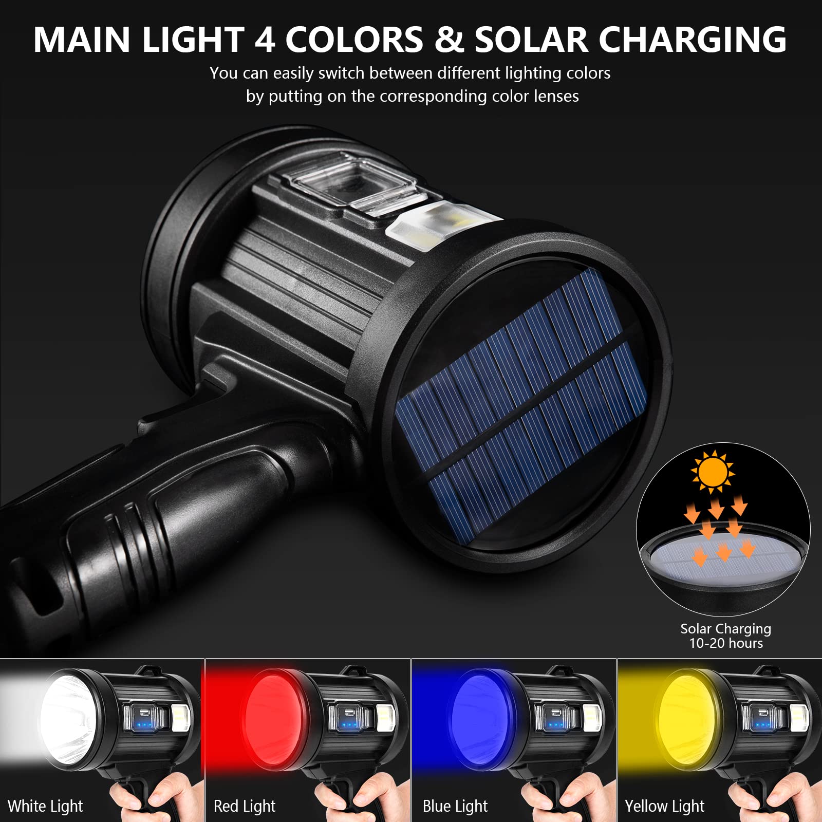 MIXILIN Rechargeable Spotlight, 1000,000 Lumens Handheld Hunting Flashlight Led Spot Light with Cob Light and Solar Panels, Lightweight and Super Bright Spotlight for Hunting Boating Camping