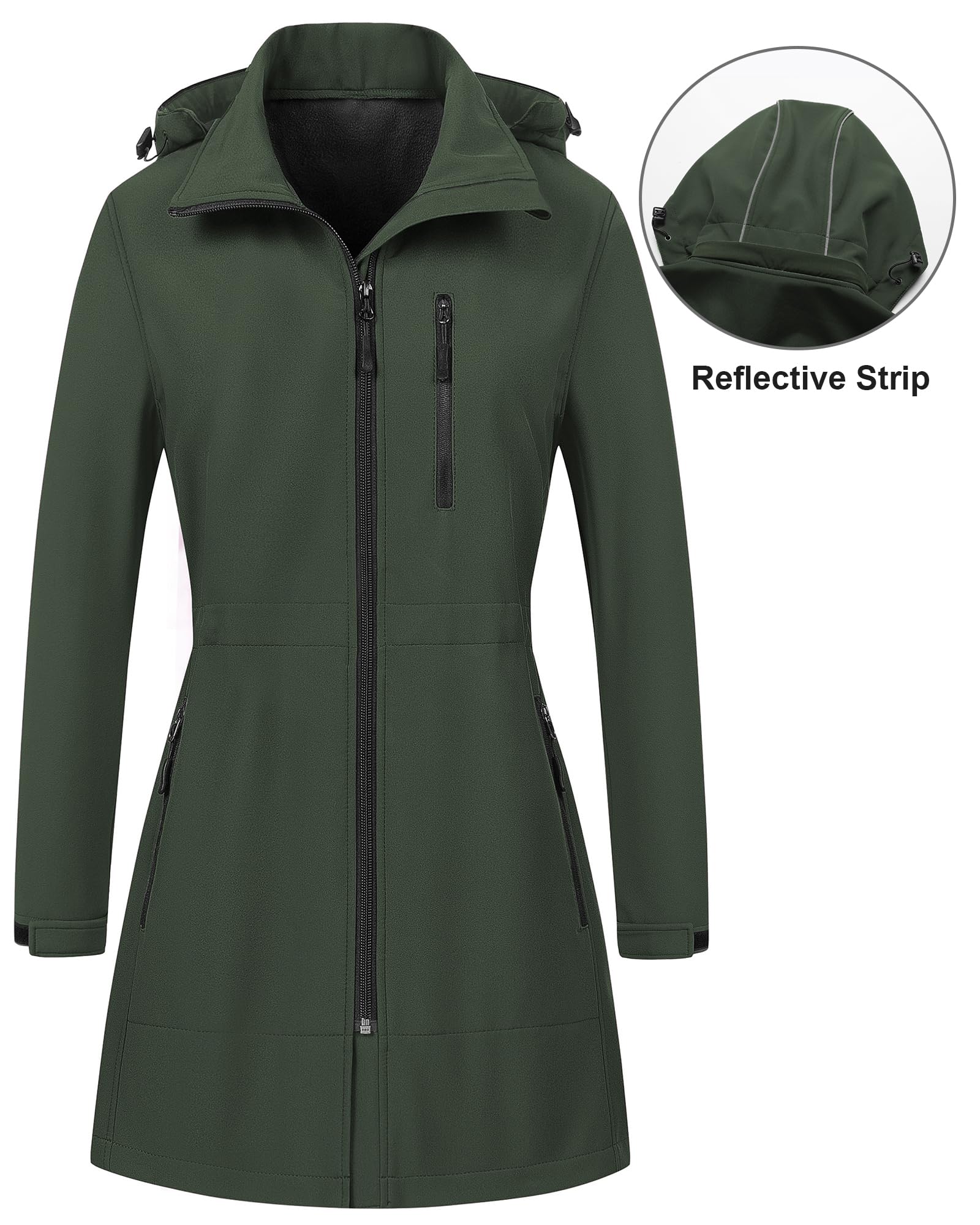 CREATMO US Ladies Soft Shell Jacket Outdoor Mountain Long Fleece Insulated Athletic Jacket Raincoat Green S