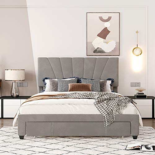 Rhomtree Queen Size Bed Frame with 1 Big Storage Drawer, Velvet Upholstered Storage Bed Frame, Easy Assembly, Queen Size Frame (Gray)