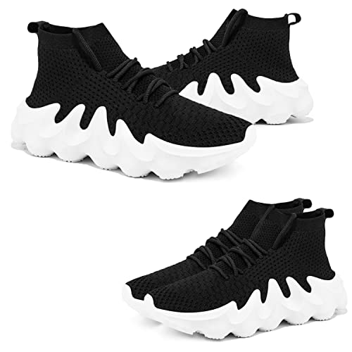 ALLY UNION MAKE FORCE Mens Sock Shoes Black Sneakers for Men Wide lace up Tennis Memory Foam Black Size 7,High/Black&White 7