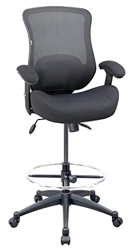 LONGBOSS Drafting Chair Mesh Computer Tall Office Chair, Standing Desk Stool with Lumbar Support Pillow, Height Adjustable Armrest and Adjustable Foot Ring (Black)