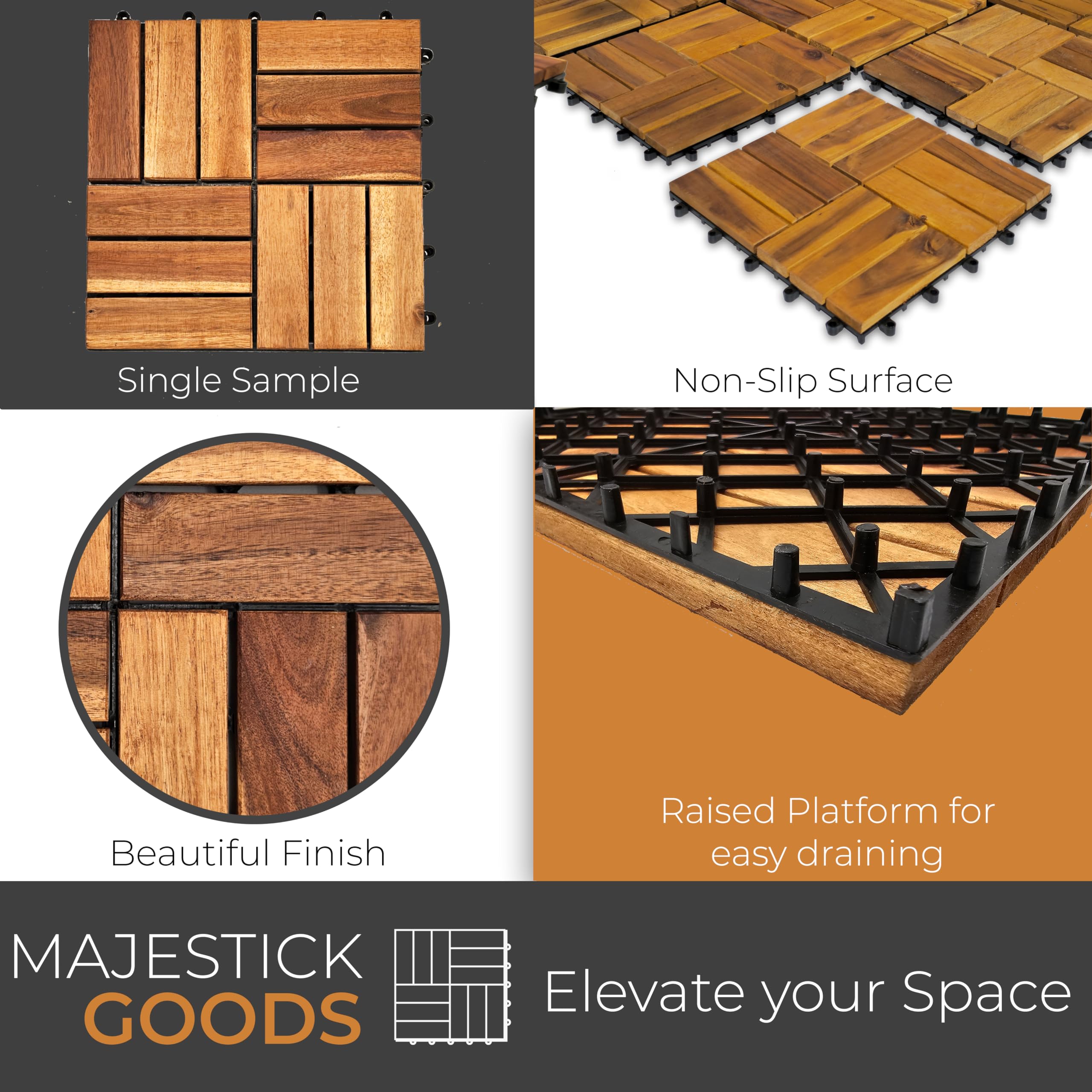 1 Sq Ft Single Interlocking Deck Tiles 12"x12" Sample Tile - Non-Slip All Weather Acacia Wood Outdoor Tiles for Patio - Decking, Porch and Balcony Flooring Tiles - Easy Install Wooden Deck Tile Pavers