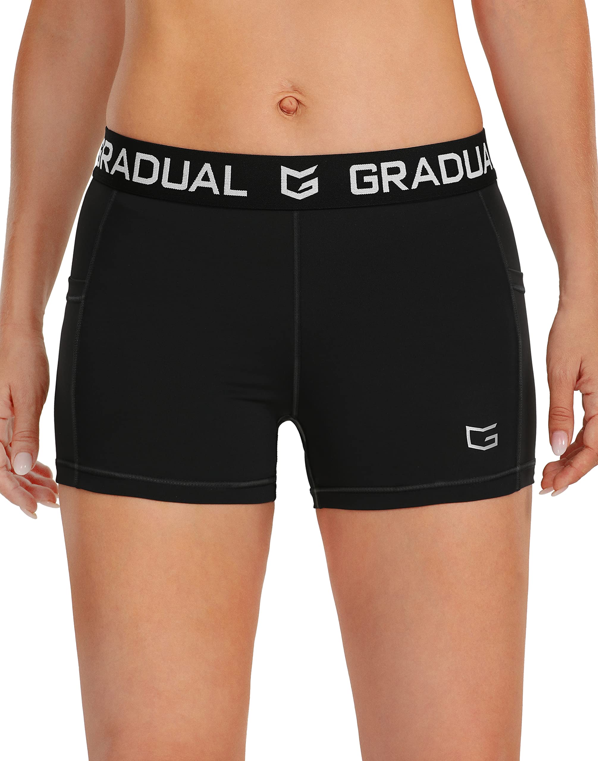 G Gradual Women's Spandex Compression Volleyball Shorts 3" /7" Workout Pro Shorts for Women (3 Pack:Black/Black/Black Pockets, Large)