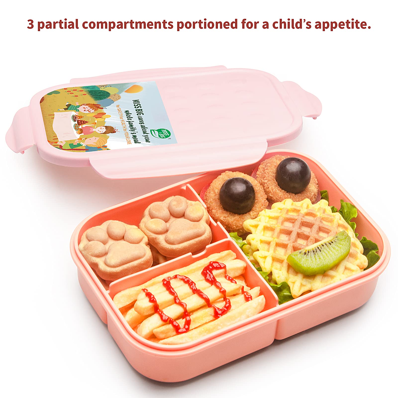MISS BIG® Bento Box for Kids,Bento Box & Lunch Box,Leakproof, No BPAs/Chemical Dyes,M/W, D/W & Fridge Safe,1150ml Large Lunch Box for School, Picnic, Travel (Pink)