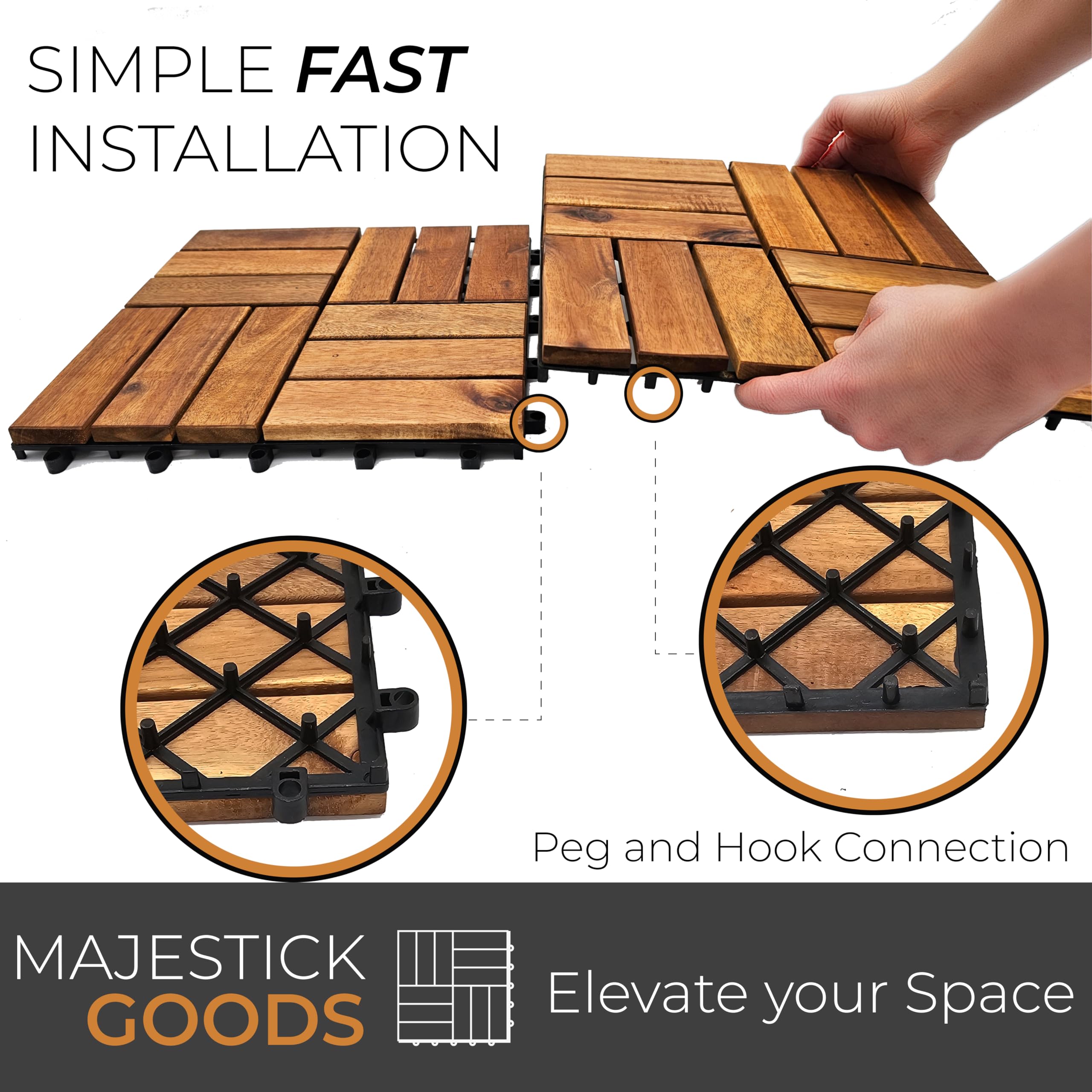 1 Sq Ft Single Interlocking Deck Tiles 12"x12" Sample Tile - Non-Slip All Weather Acacia Wood Outdoor Tiles for Patio - Decking, Porch and Balcony Flooring Tiles - Easy Install Wooden Deck Tile Pavers