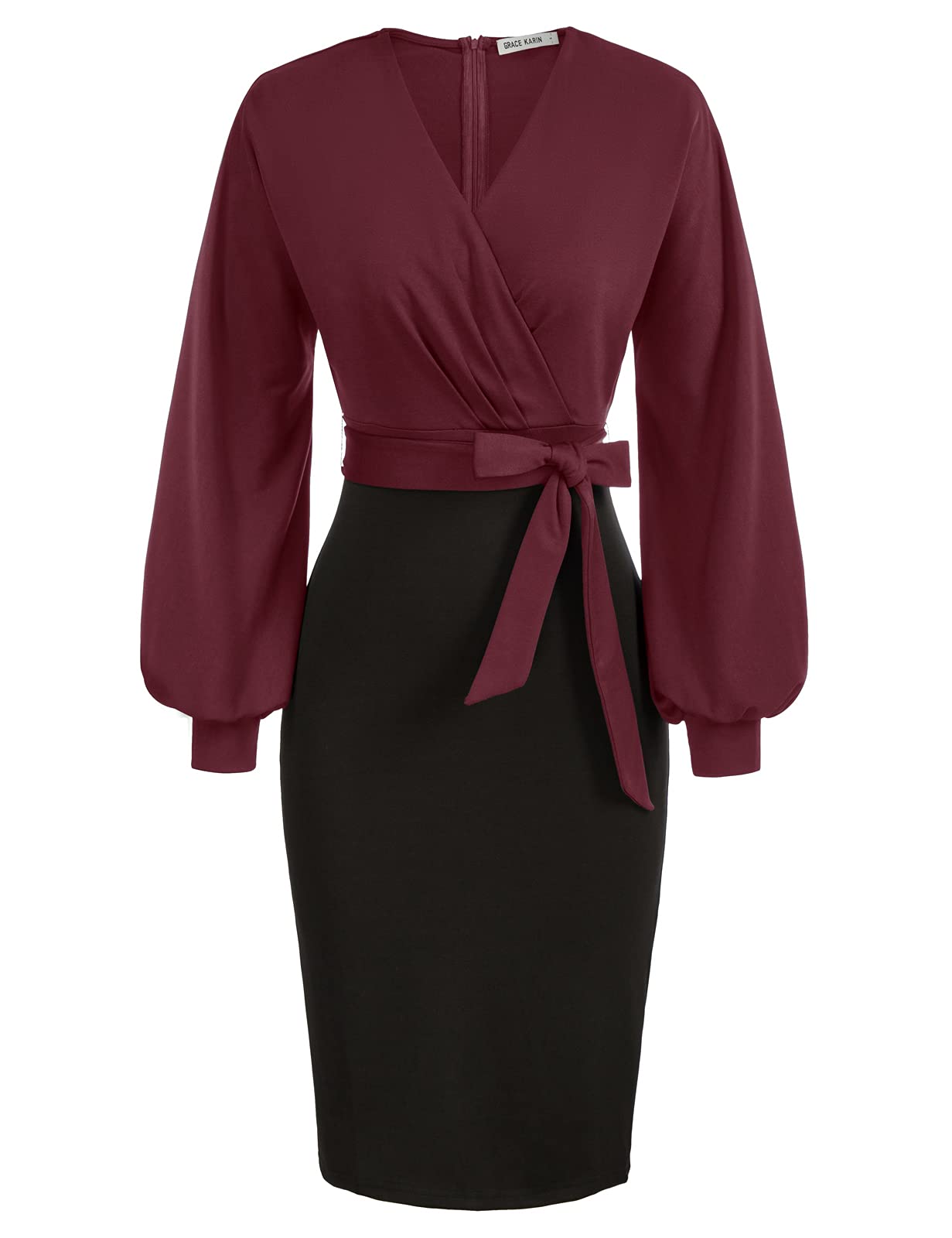 GRACE KARIN Women's Pencil Midi Dress Long Sleeve Elegant Casual Daily Knee Length Wrap Dresses Wine Red-Black L