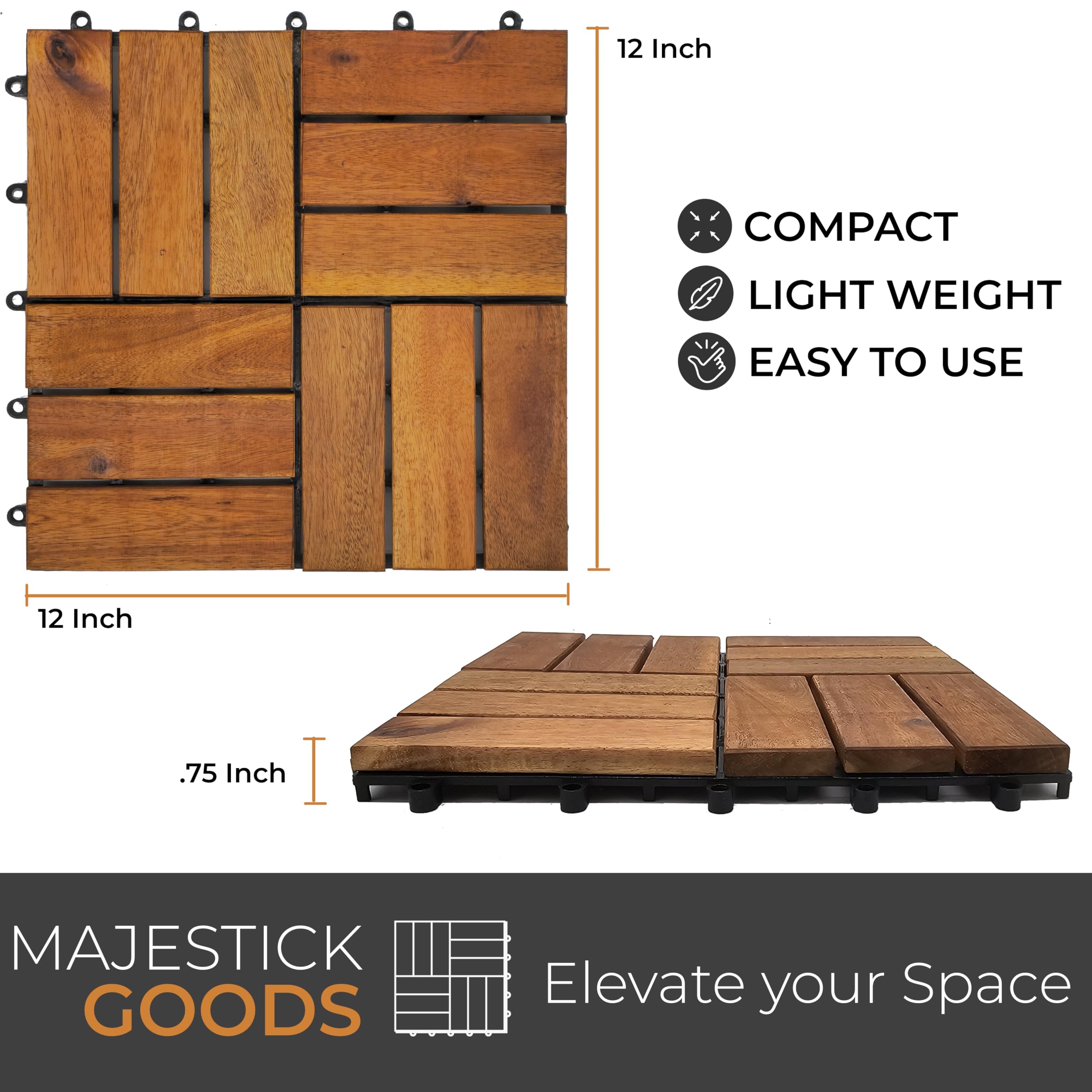 1 Sq Ft Single Interlocking Deck Tiles 12"x12" Sample Tile - Non-Slip All Weather Acacia Wood Outdoor Tiles for Patio - Decking, Porch and Balcony Flooring Tiles - Easy Install Wooden Deck Tile Pavers