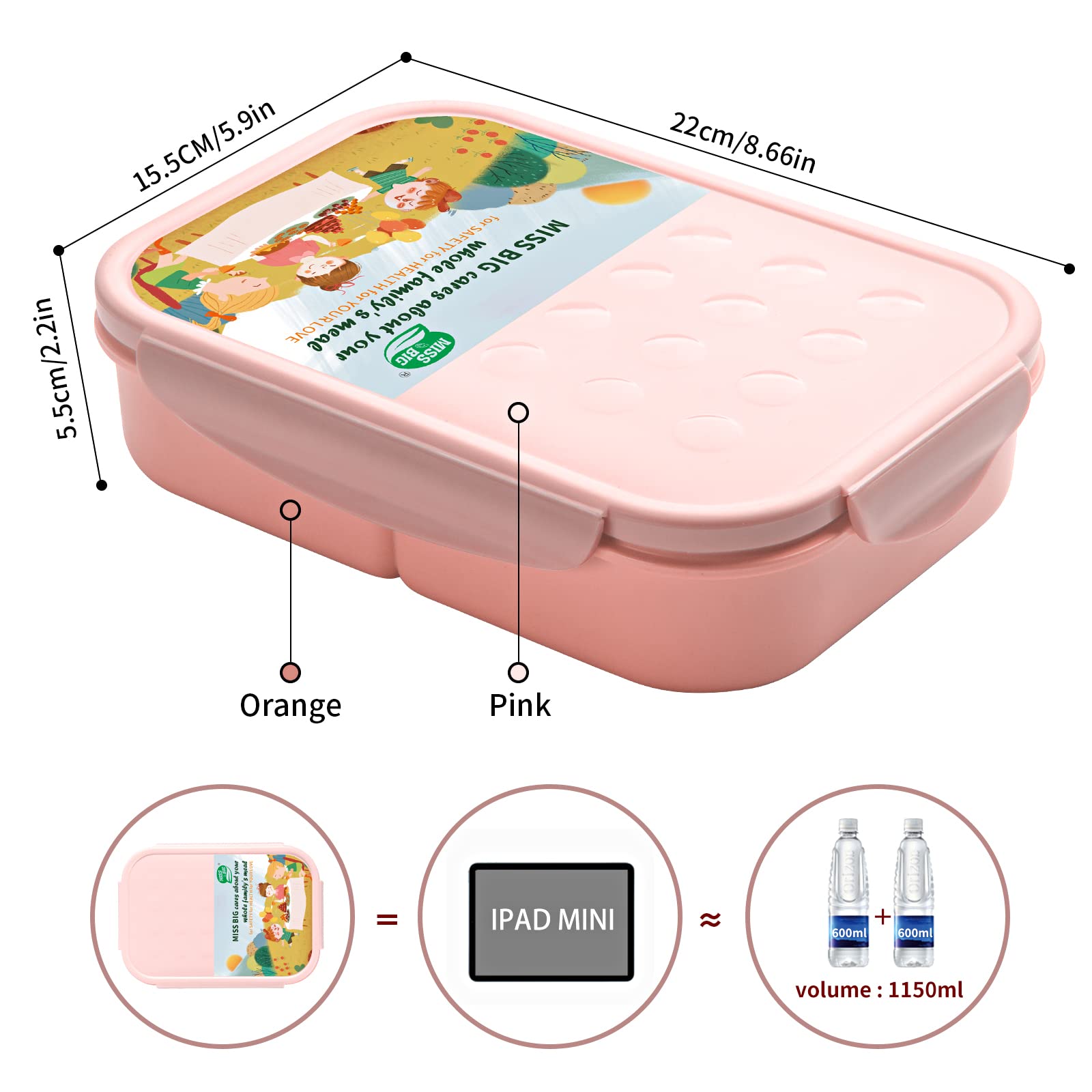 MISS BIG® Bento Box for Kids,Bento Box & Lunch Box,Leakproof, No BPAs/Chemical Dyes,M/W, D/W & Fridge Safe,1150ml Large Lunch Box for School, Picnic, Travel (Pink)