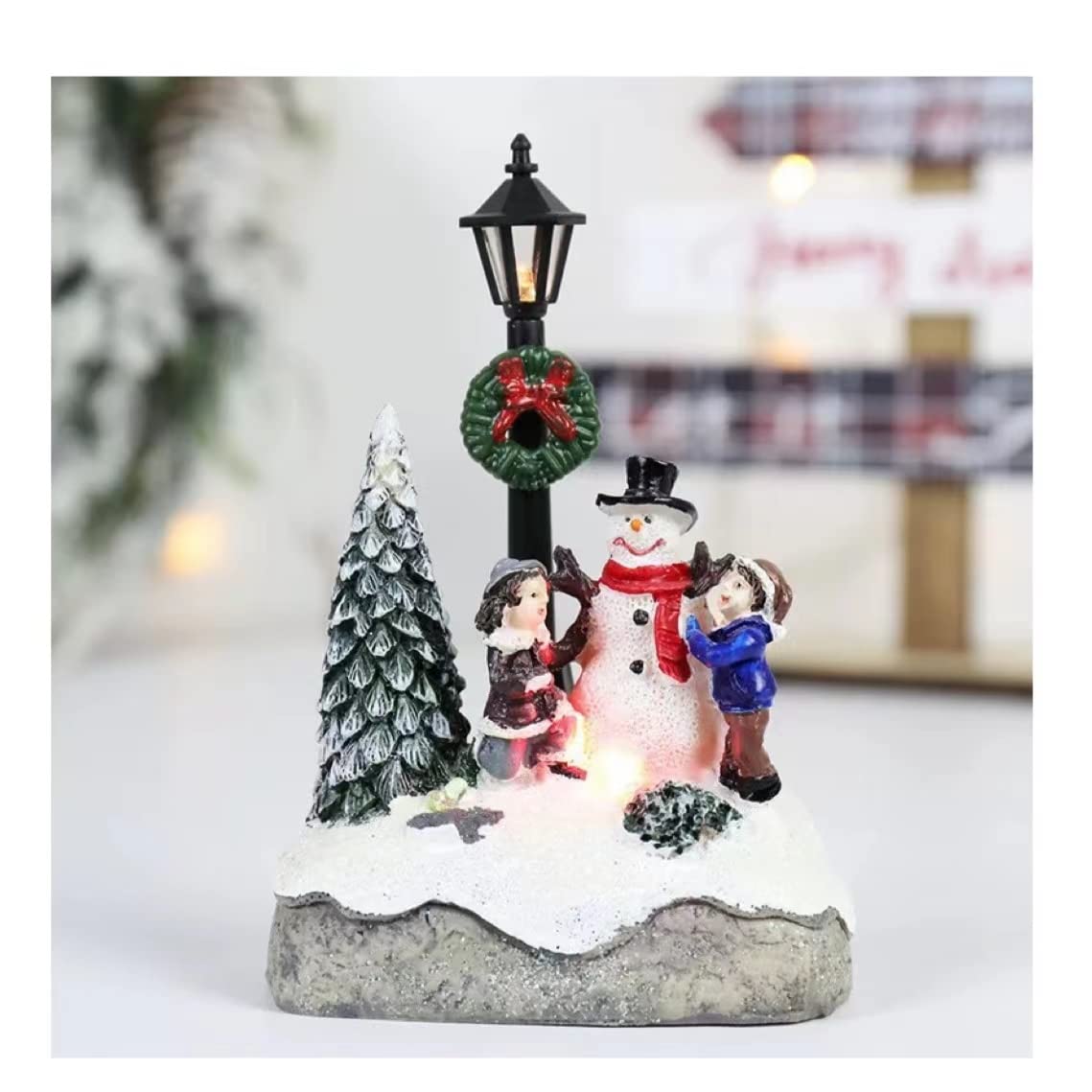 ADVNH Christmas Village Set Decorations, 2 Pieces of Resin LED Warm Lights Christmas Tree Figurines, Mini Snowman Christmas Decorations, Christmas Village House Gift Sets, Collectible Buildings (A)