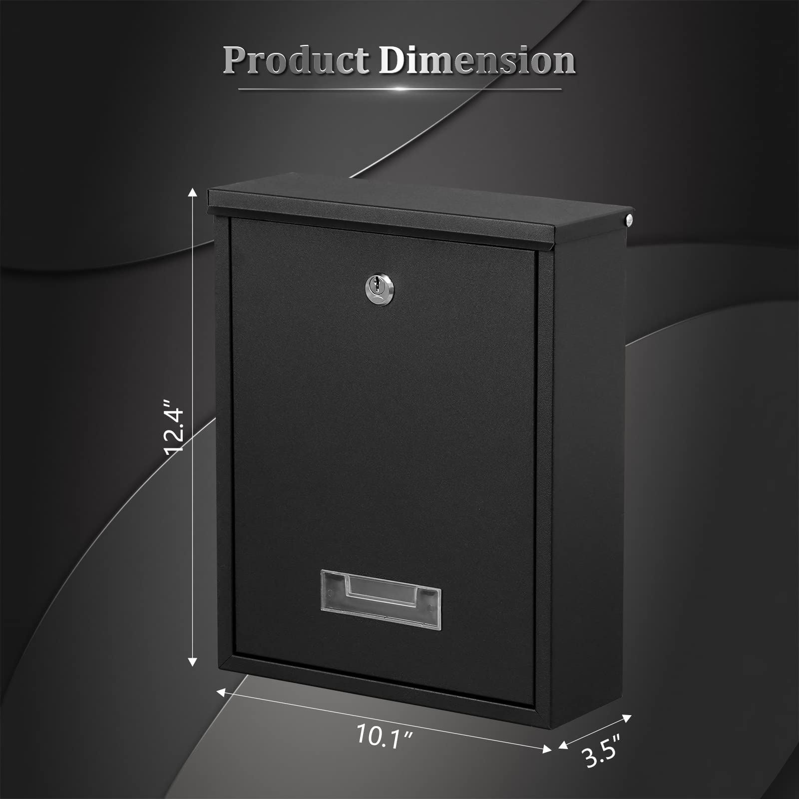 Dalmbox Locking Mailbox Wall Mount, Wall Mounted Mailbox with Key Lock, Large Drop Box with Galvanized Steel Cover, Rust-Proof Metal Post Box, Black, 10.2” x 3.7” x 12.6”