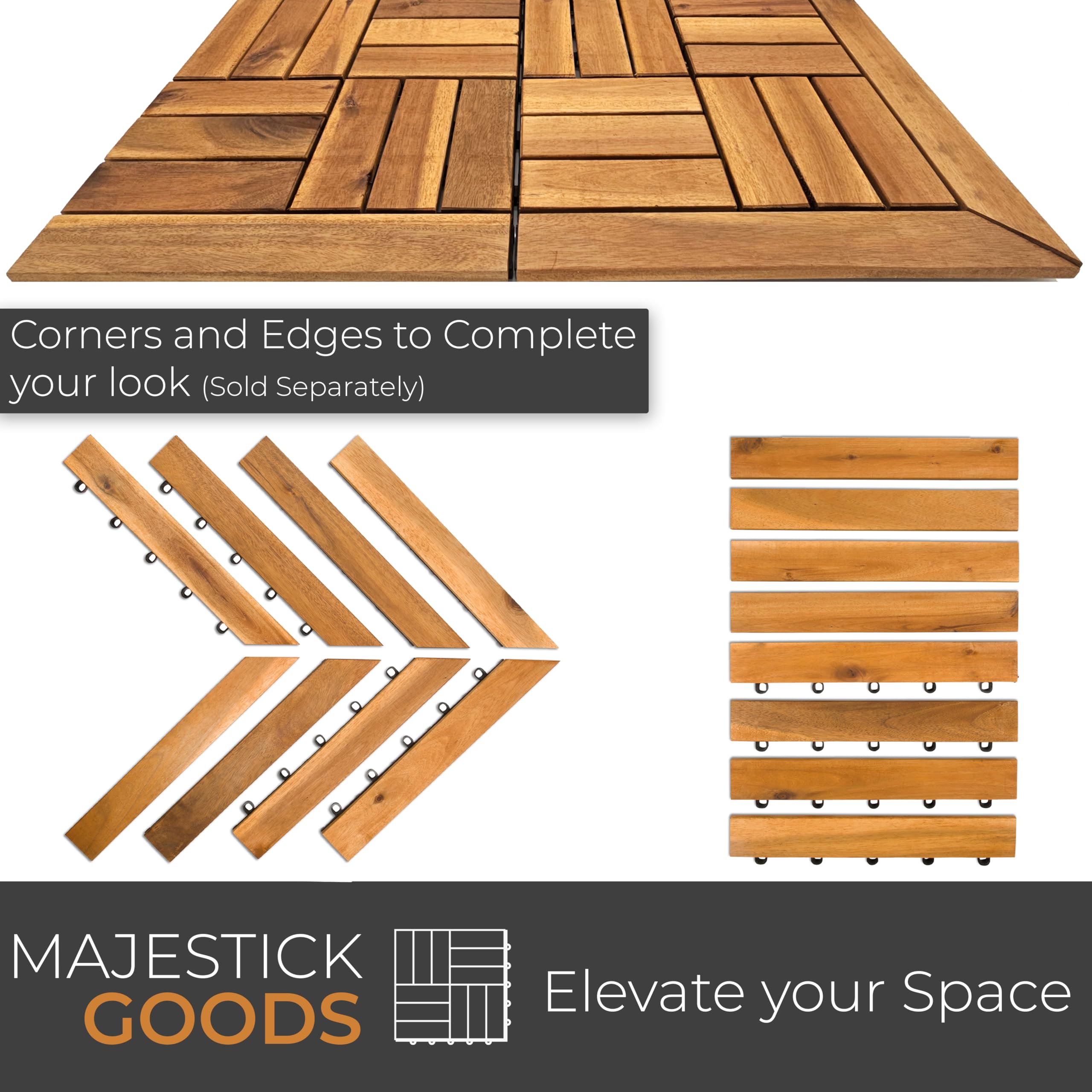 1 Sq Ft Single Interlocking Deck Tiles 12"x12" Sample Tile - Non-Slip All Weather Acacia Wood Outdoor Tiles for Patio - Decking, Porch and Balcony Flooring Tiles - Easy Install Wooden Deck Tile Pavers