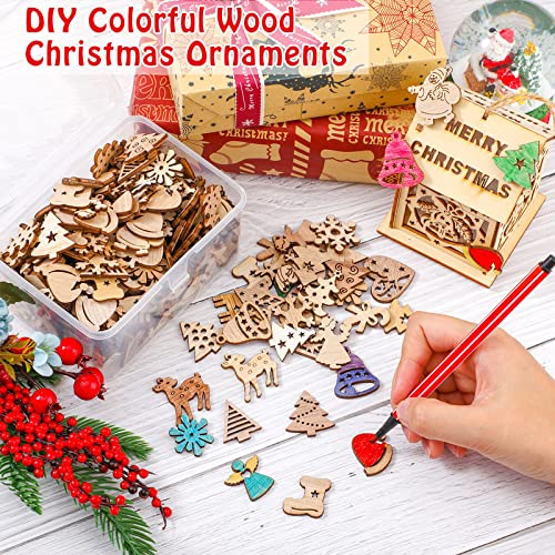 200 Pieces Christmas Unfinished Mini Wooden Ornaments Halloween Thanksgiving DIY Mini Wood Blank Cutouts with Storage Box and Twine for Christmas Tree Hanging Crafts Xmas Decorations