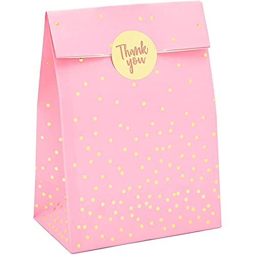 Sparkle and Bash Pink Gift Bag, Party Favor Bags with Gold Stickers (5.15 x 8.6 in, 36 Pack)