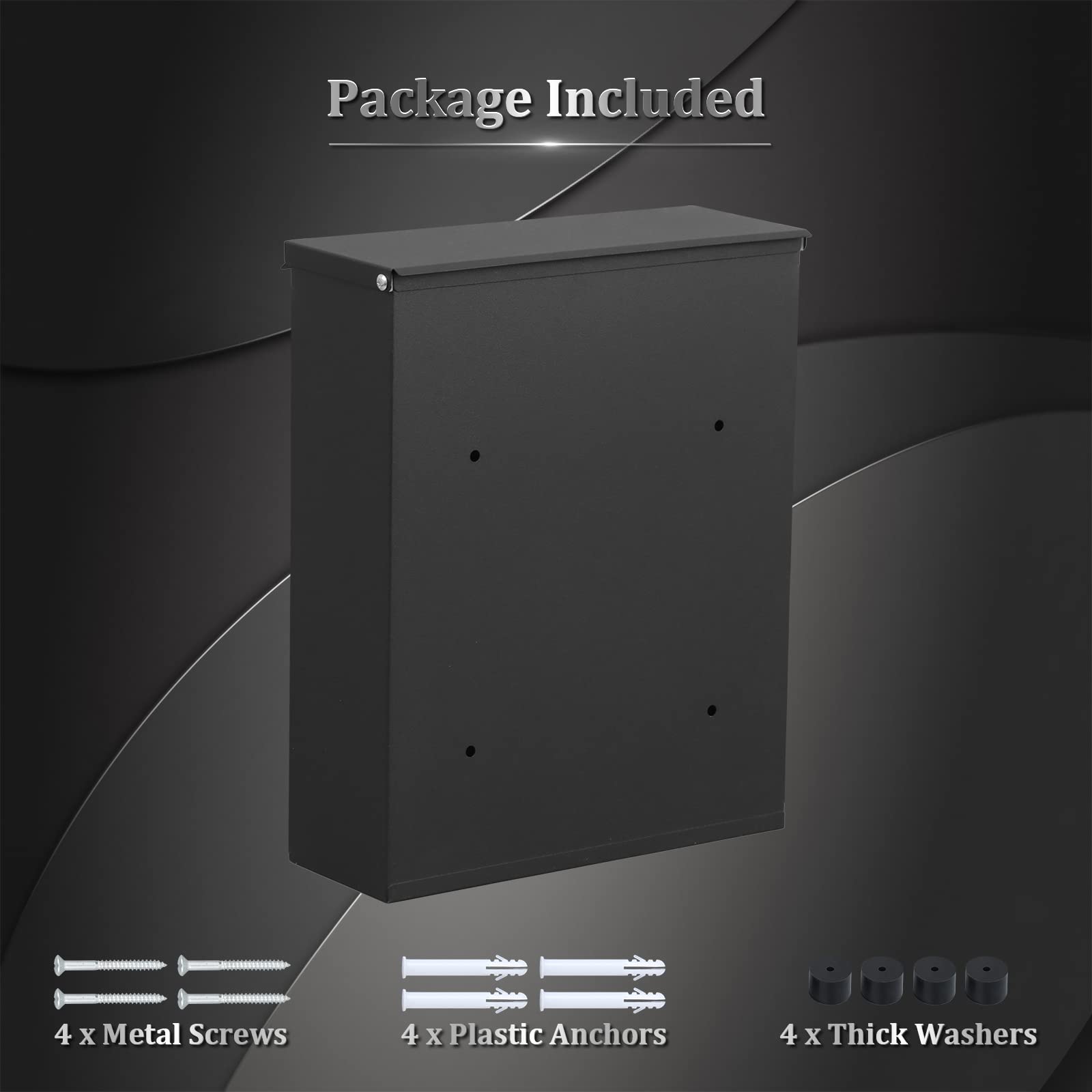 Dalmbox Locking Mailbox Wall Mount, Wall Mounted Mailbox with Key Lock, Large Drop Box with Galvanized Steel Cover, Rust-Proof Metal Post Box, Black, 10.2” x 3.7” x 12.6”
