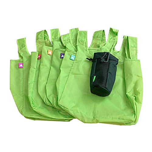 Reusable Grocery Bag - 5 Pack Green Reusable Shopping Bags with Pouch, Compact Travel Shopping Totes, Super Strong Shopping Bags, Foldable & Washable, Lightweight Ripstop Nylon for Groceries and Produce