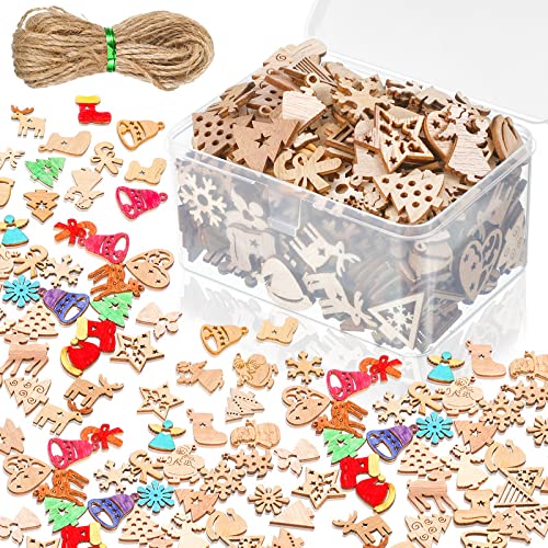 200 Pieces Christmas Unfinished Mini Wooden Ornaments Halloween Thanksgiving DIY Mini Wood Blank Cutouts with Storage Box and Twine for Christmas Tree Hanging Crafts Xmas Decorations