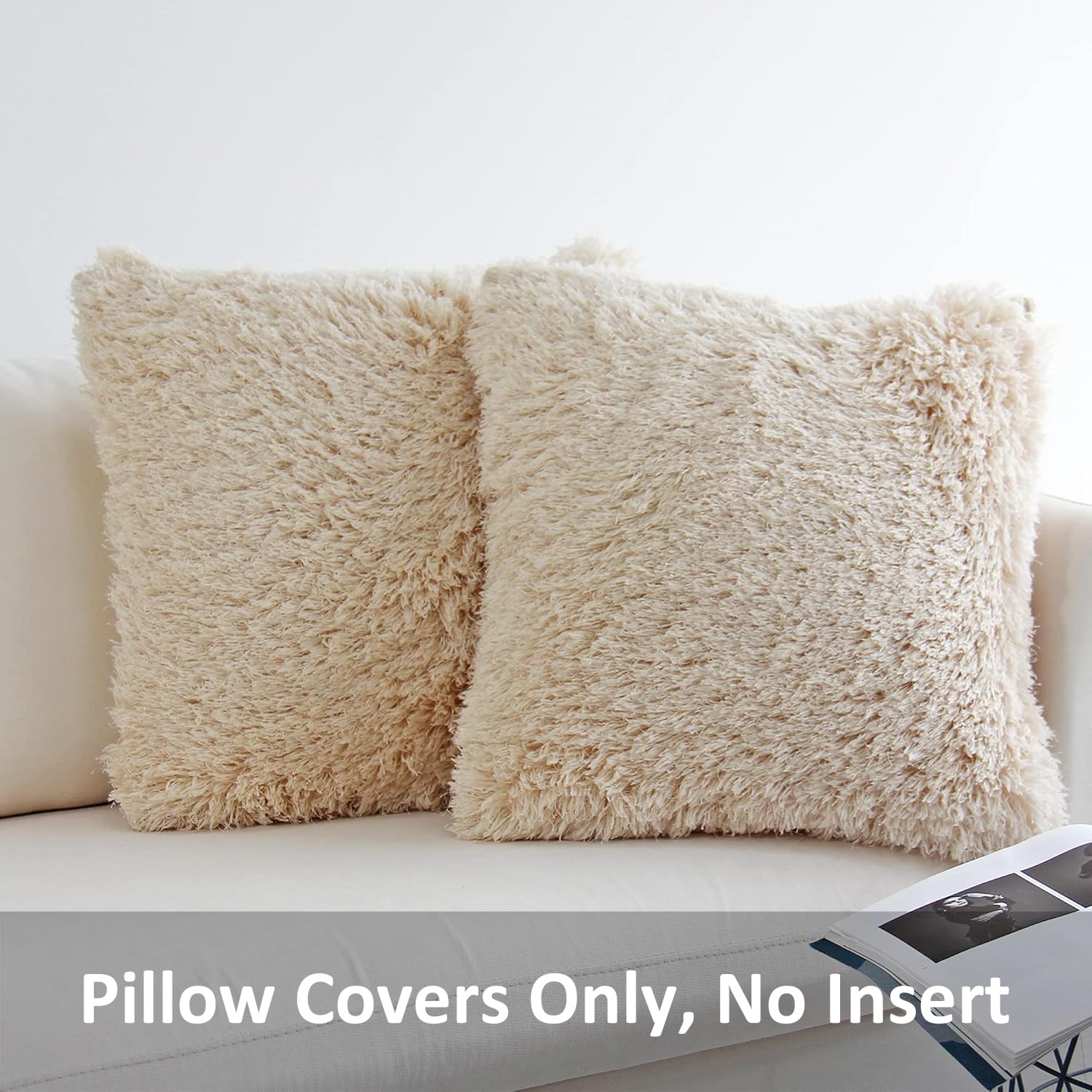 JOJUSIS Fluffy Decorative Throw Pillows Covers 18x18 Inch Luxury Soft Faux Fur Fleece Cushion Cover Pillowcase Pack of 2 Beige