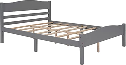 STP-Y Full Size Platform Bed, Rockjame Wood Bed Frame with Horizontal Strip Hollow Shape Headboard, Footboard and Center Support Feet, Perfect for Kids, Teens and Adults (Gray)