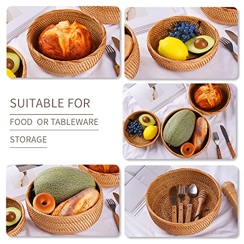 FIYAMMY Rattan Bread Baskets, Rattan Round Fruit Baskets, Natural Wicker Storage Bowls Decorative Baskets for Kitchen Set of 3