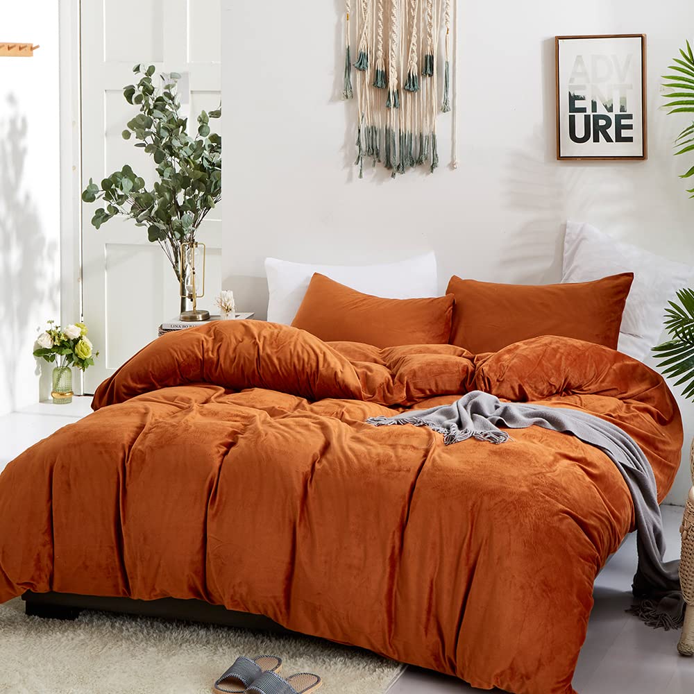 CLOTHKNOW Terracotta Velvet King Size Duvet Cover Set 3Pcs Fluffy Bedding Sets Rust Bedding Orange Comforter Cover Caramel Bedding for Men Women
