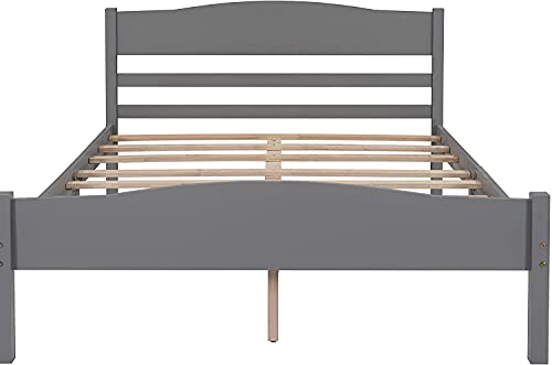 STP-Y Full Size Platform Bed, Rockjame Wood Bed Frame with Horizontal Strip Hollow Shape Headboard, Footboard and Center Support Feet, Perfect for Kids, Teens and Adults (Gray)