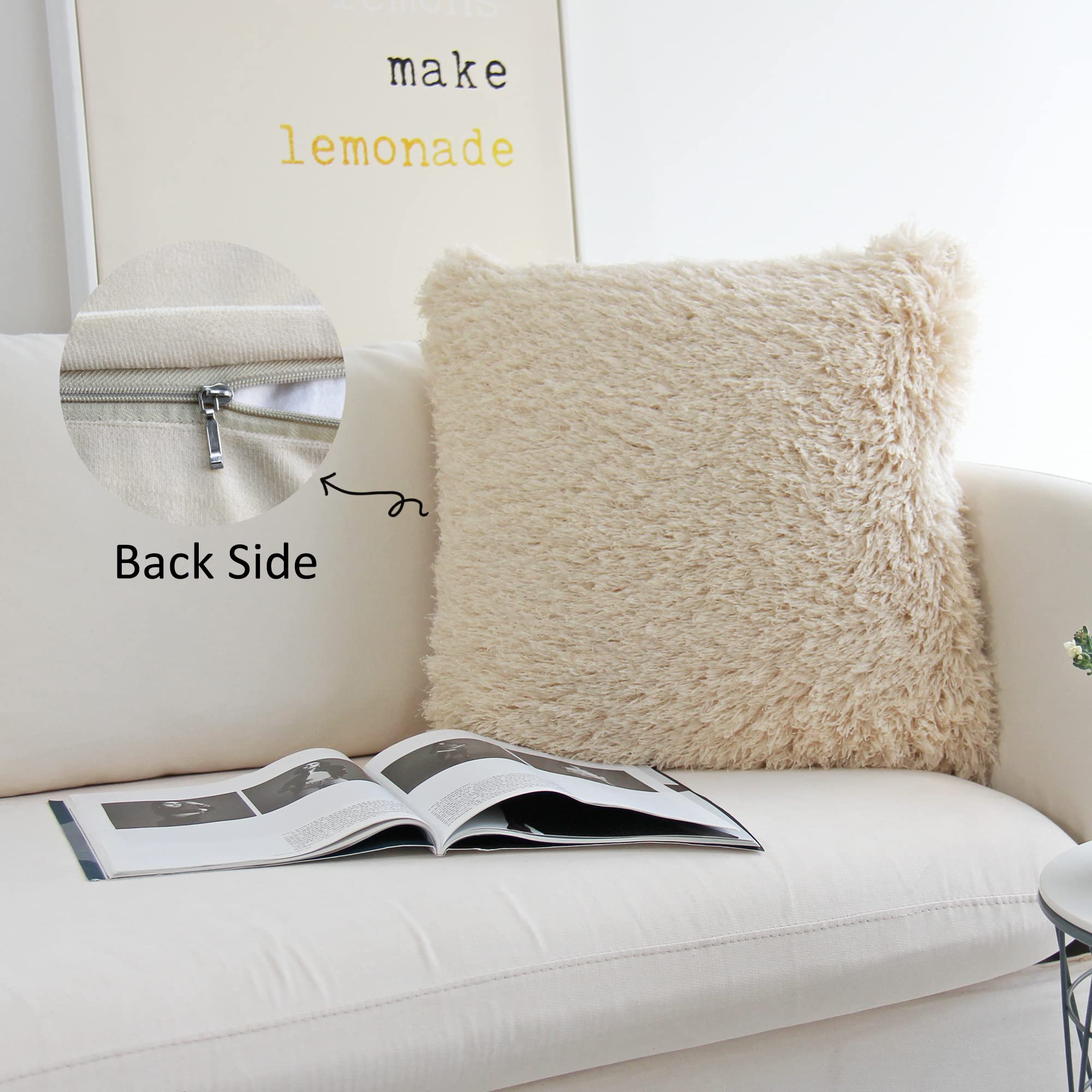 JOJUSIS Fluffy Decorative Throw Pillows Covers 18x18 Inch Luxury Soft Faux Fur Fleece Cushion Cover Pillowcase Pack of 2 Beige