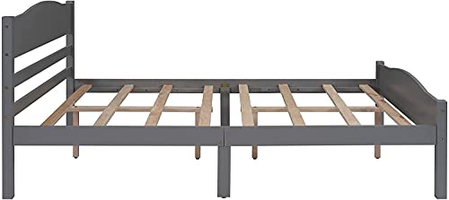 STP-Y Full Size Platform Bed, Rockjame Wood Bed Frame with Horizontal Strip Hollow Shape Headboard, Footboard and Center Support Feet, Perfect for Kids, Teens and Adults (Gray)