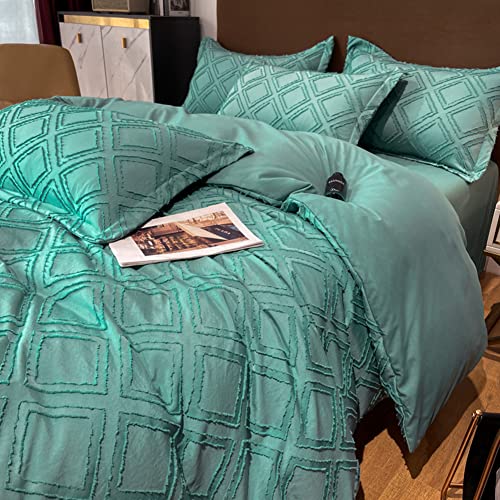 MorroMorn 5 PCS Boho Bedding Sets, Green Duvet Cover Set, Tufted Comforter Covers, Diamond Jacquard Soft Breathable Neutral for Men Women Bed All Seasons (Turquoise, King/Cal King)