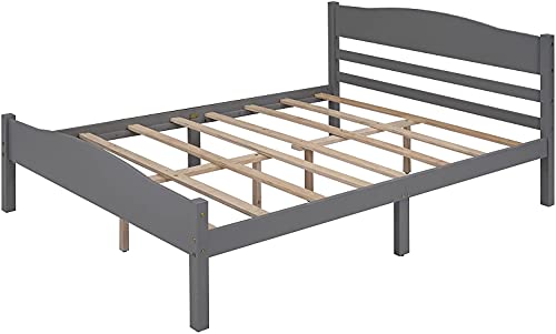 STP-Y Full Size Platform Bed, Rockjame Wood Bed Frame with Horizontal Strip Hollow Shape Headboard, Footboard and Center Support Feet, Perfect for Kids, Teens and Adults (Gray)