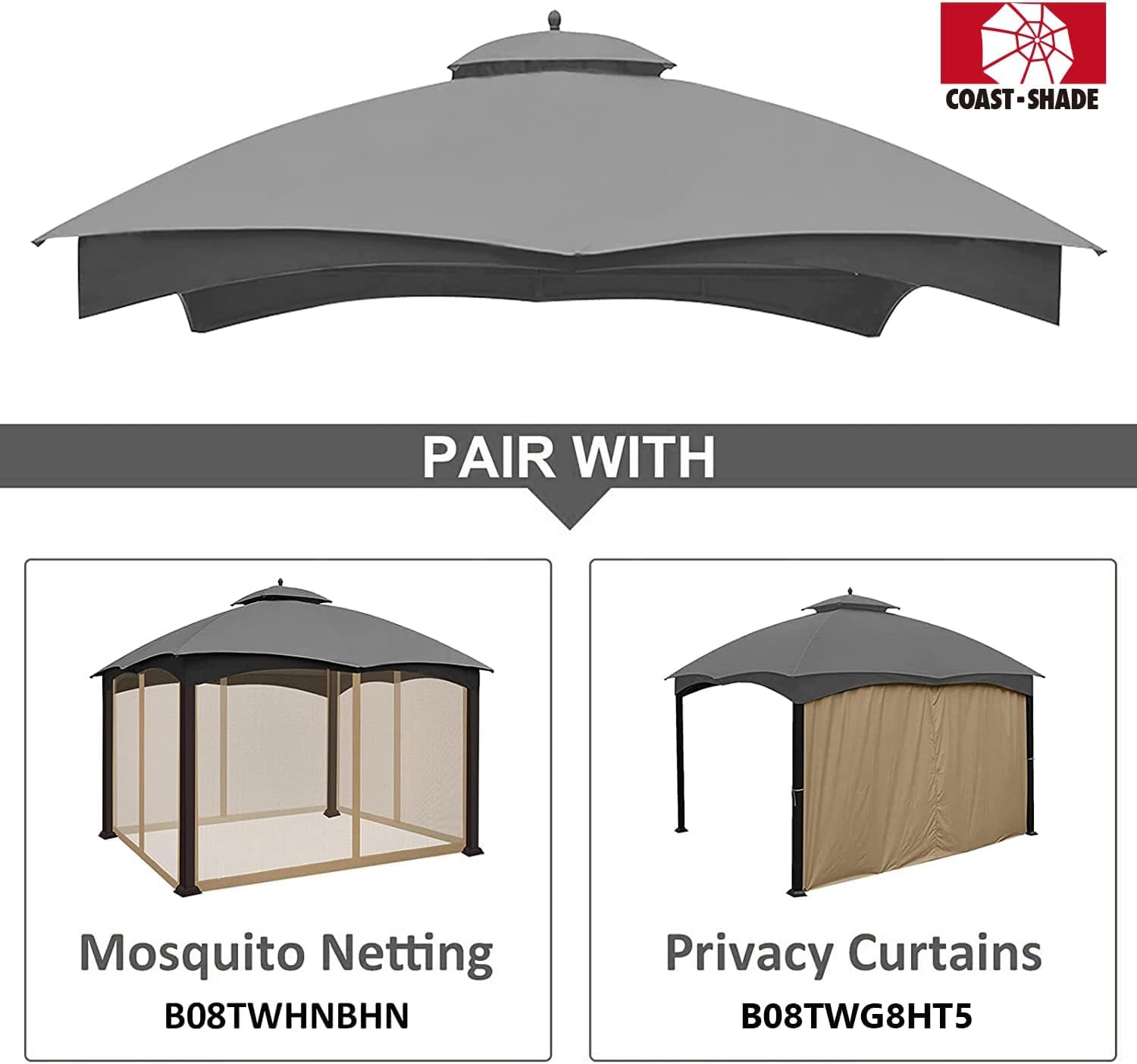 CoastShade Patio 10X12 Replacement Canopy Roof for 10X12 Gazebo Backyard Double Top Gazebo #GF-12S004B-1(Gray)
