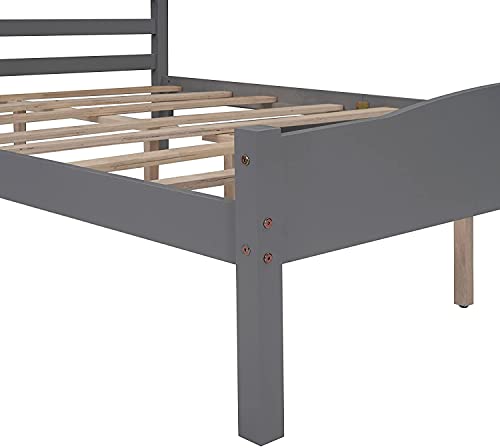 STP-Y Full Size Platform Bed, Rockjame Wood Bed Frame with Horizontal Strip Hollow Shape Headboard, Footboard and Center Support Feet, Perfect for Kids, Teens and Adults (Gray)