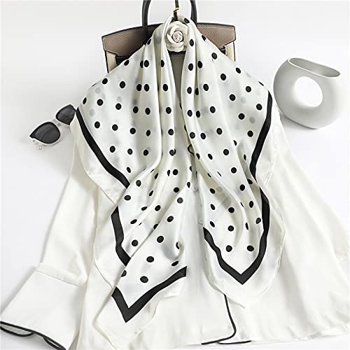 JN&LULU Women's satin square silk like scarf Fashion pattern large hair scarf wrap headscarf 35" x 35" (Polka Dot 01 White)