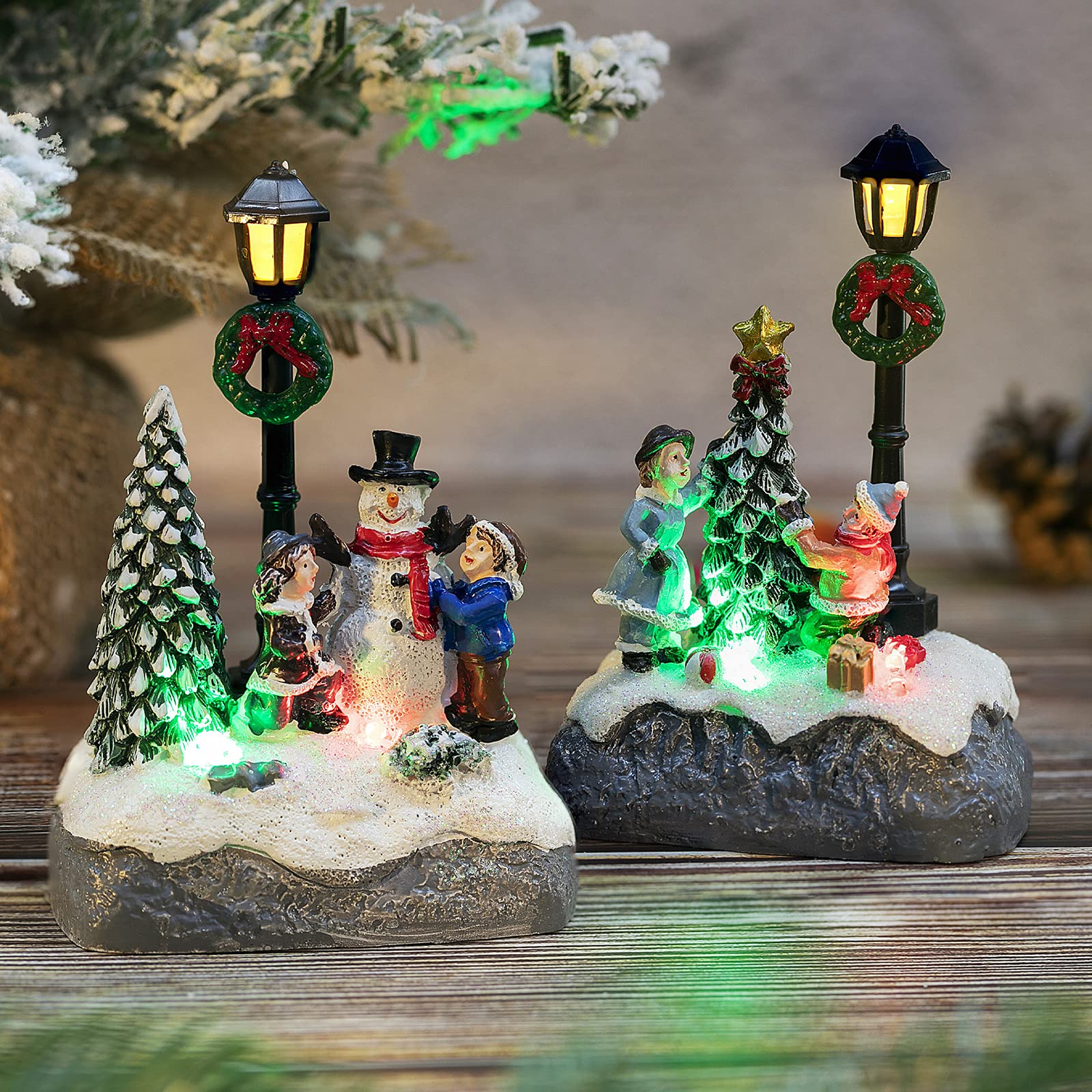 Mudder 2 Pieces Christmas Village Houses Decorations Led Light up Christmas Tree Christmas Snowman Light Christmas Decorations Figurines Buildings Landscape Lamppost Dector