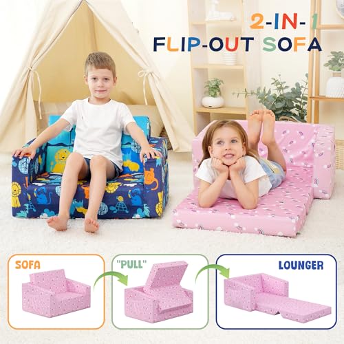 MallBest Kids Sofas Toddler Couch Bed Baby's Upholstered Chair Sleepover Couch Flipout Open Recliner(Pink/Rainbow)