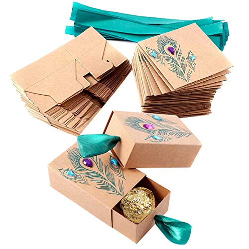 Faylapa Suitcase Candy Boxes, Party Favor Candy Box, Vintage Kraft Paper Gift Bag for Travel Theme Party,Wedding,Birthday,Bridal Shower (Peacock Feather 50pcs)