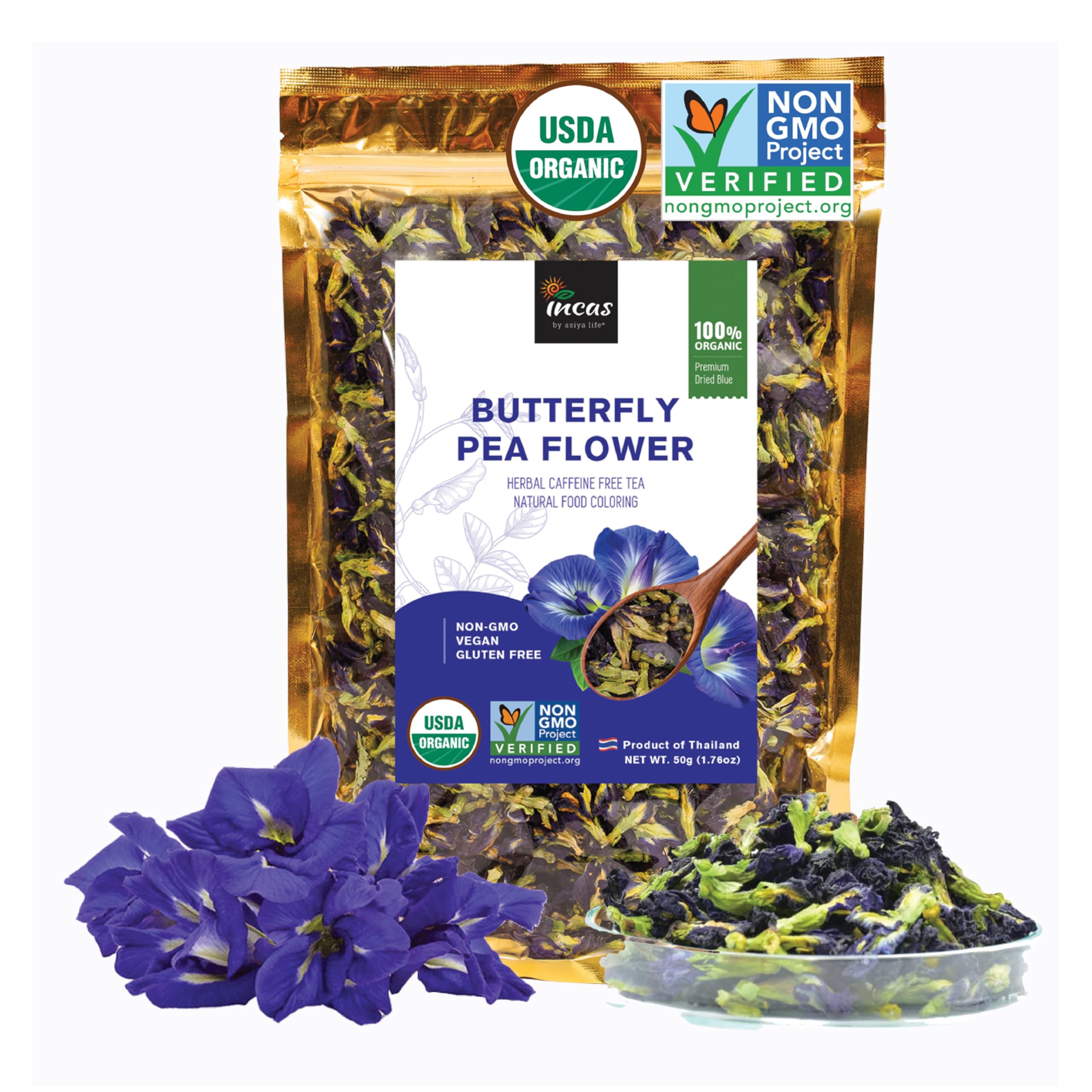 INCAS 100% USDA Organic Butterfly Pea Flower 1.76 oz (150+ Cups) DIRECT FROM SOURCE Thailand Non GMO Verified Dried Caffeine Free Gluten Free Vegan Rich in Antioxidants Free eBook (50G)