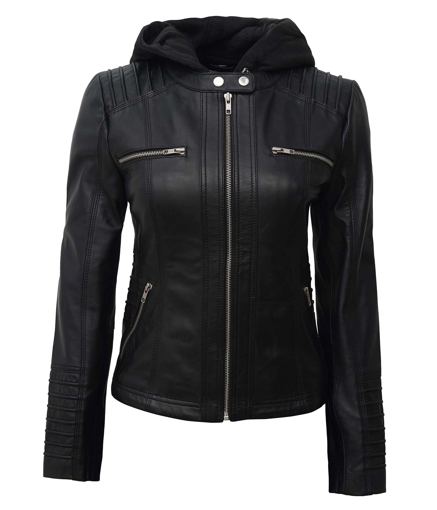 Blingsoul Hooded Womens Leather Jackets | [1313775] Helen Black, XL